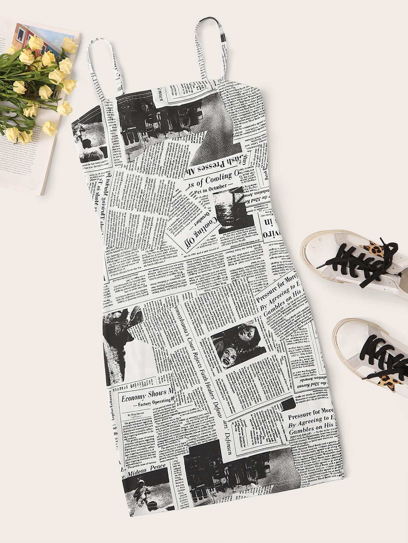 Newspaper Print Bodycon Slip Dress