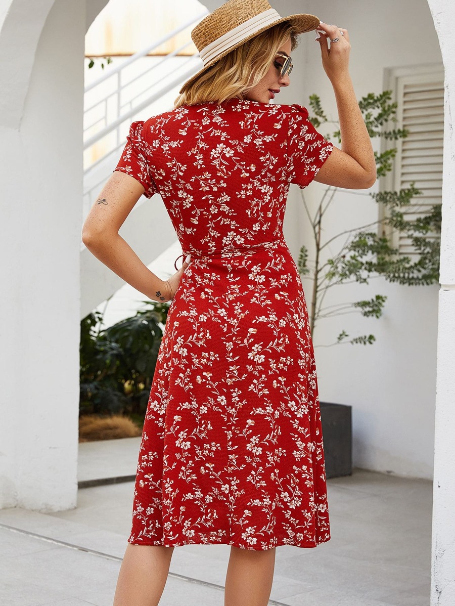 SHEIN VCAY Floral Print Wrap Belted Dress | SHEIN UK