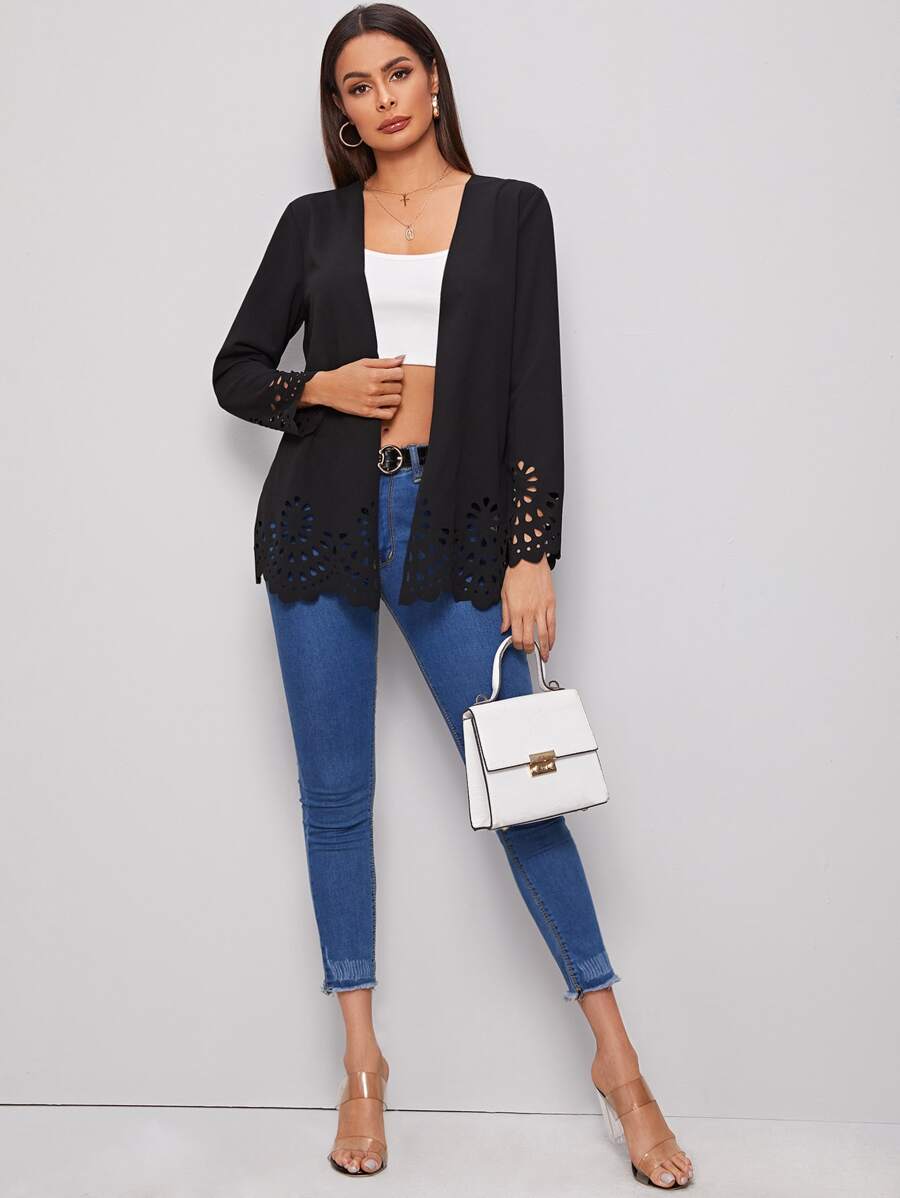 Shein Clasi Open Front Scallop Trim Laser Cut Coat Shein Usa