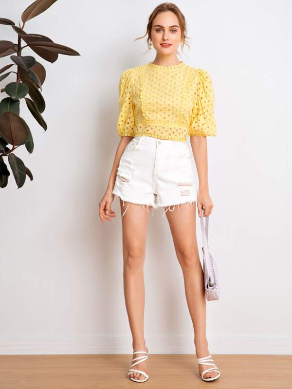 Shein Guipure Lace Trim Puff Sleeve Schiffy Crop Top Shein Uk