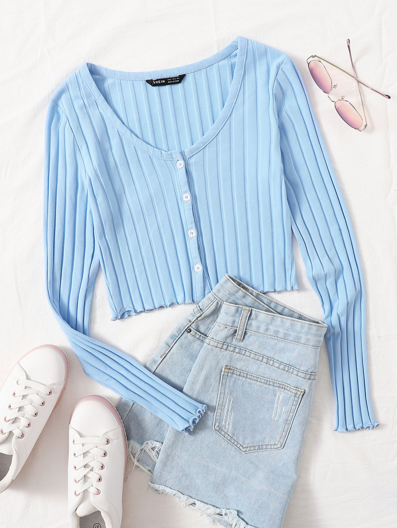 Shein Qutie Buttoned Front Lettuce Trim Rib Knit Top