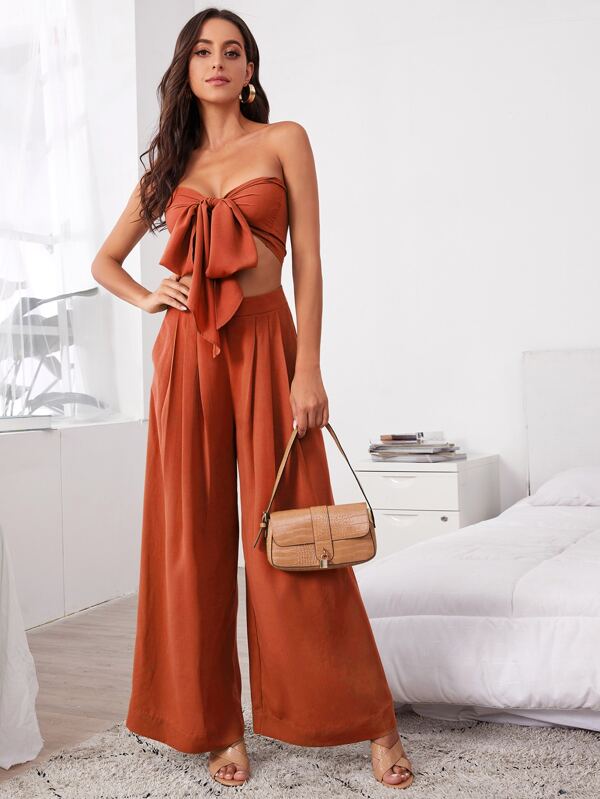 SHEIN VCAY Tie Front Tube Top & Pleated Wide Leg Trousers Set | SHEIN UK