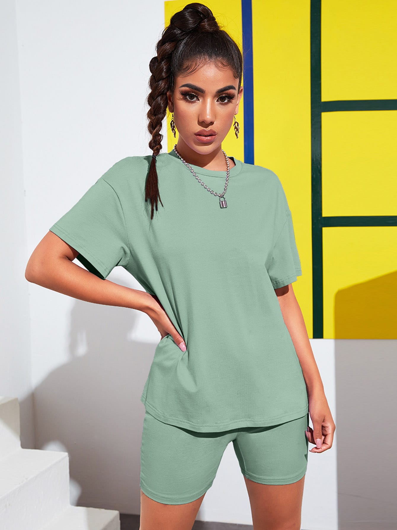 Drop Shoulder Solid Top Biker Shorts Set drop-shoulder-solid-top-biker-shorts-set
