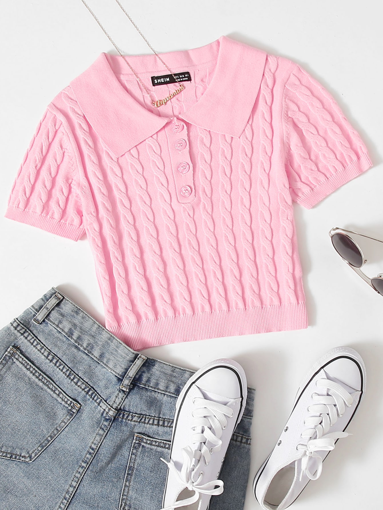 Button Half Placket Cable Knit Top
