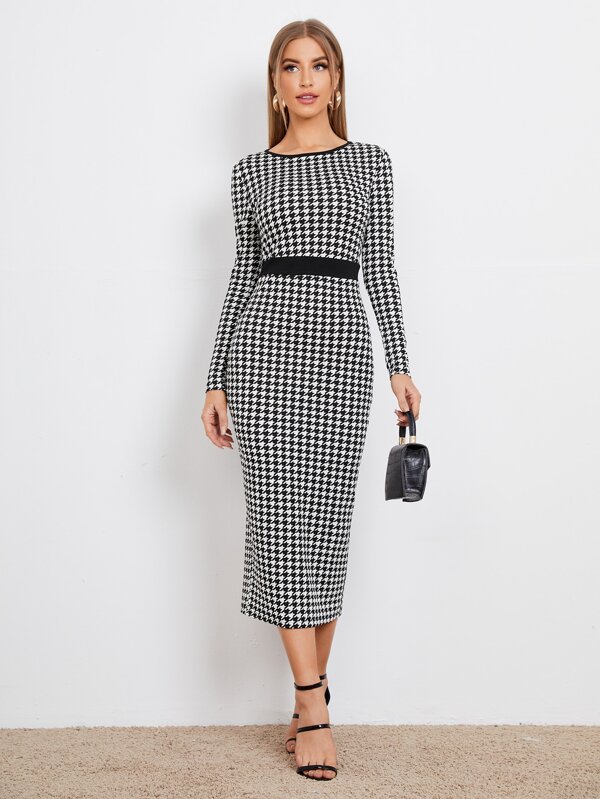 SHEIN BIZwear Split Back Houndstooth Bodycon Dress | SHEIN USA