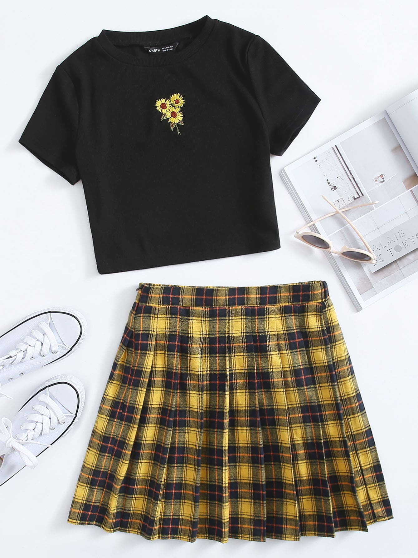 Shein Qutie Sunflower Embroidered Top And Tartan Pleated Skirt Set For Sale Australia New
