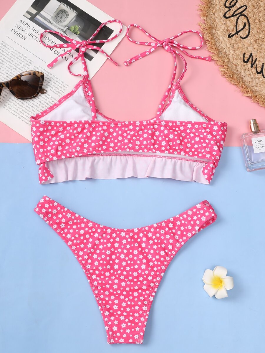 Shein Swim Conjunto De Bikini Con Estampado Floral Pequeño Con Ribete