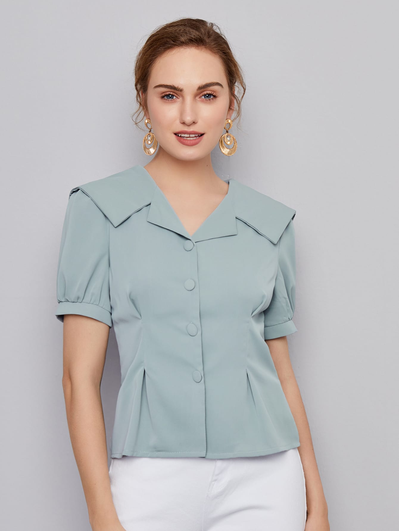 Solid Lapel Collar Button Up Blouse