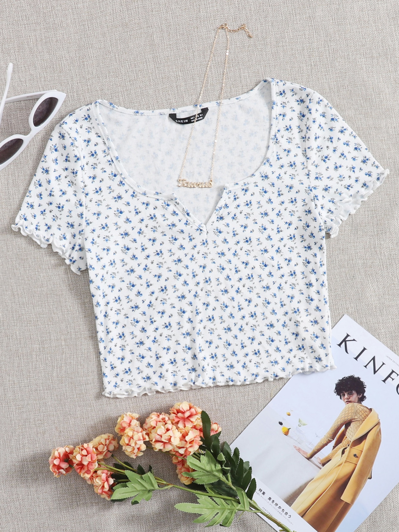 Shein Guarnição De Alface Florzinhas Ocasional Camiseta