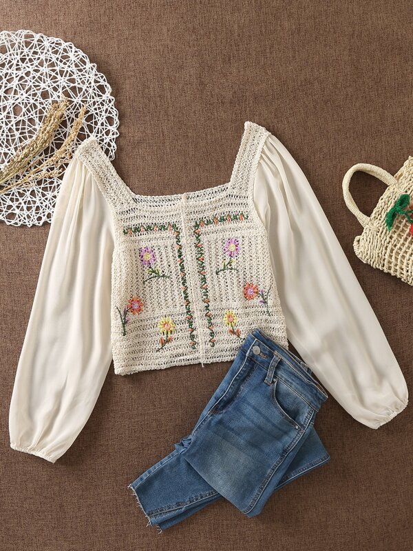 SHEIN Qutie Bordado Floral Boho Blusa | SHEIN Brasil