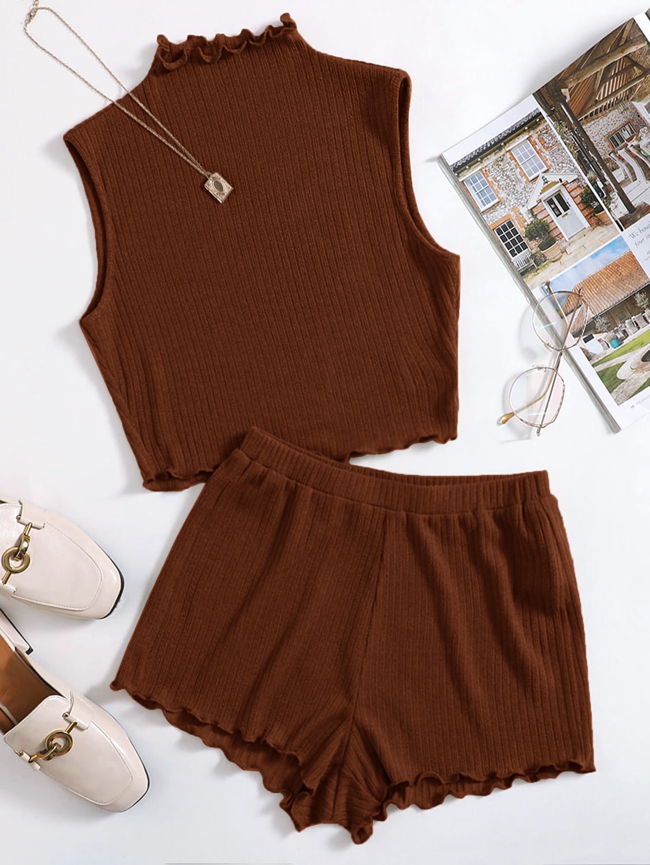 Conjunto Top Tank Tejido De Canalé Ribete En Forma De Lechuga Con Shorts