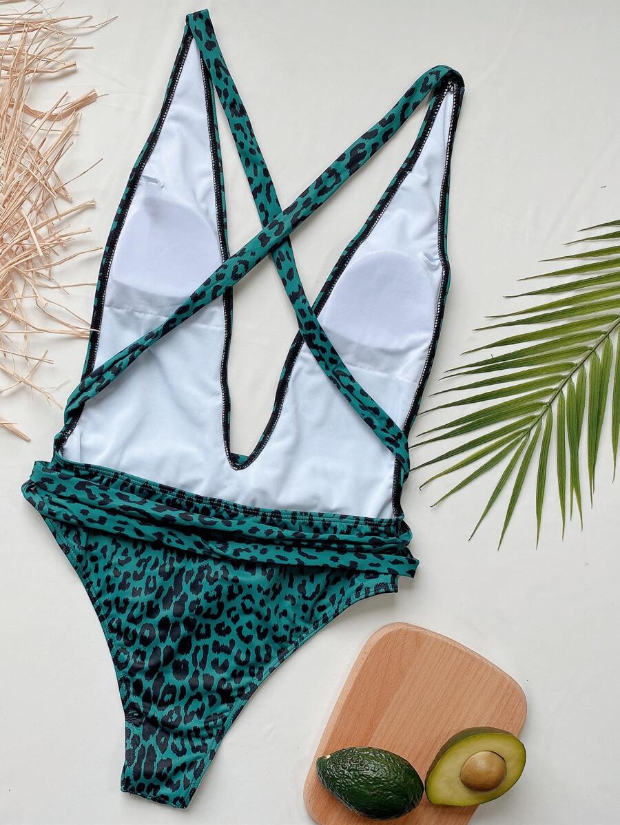 Shein Swim Summer Beach Leopard Criss Cross Plunging One Piece Swimsuit