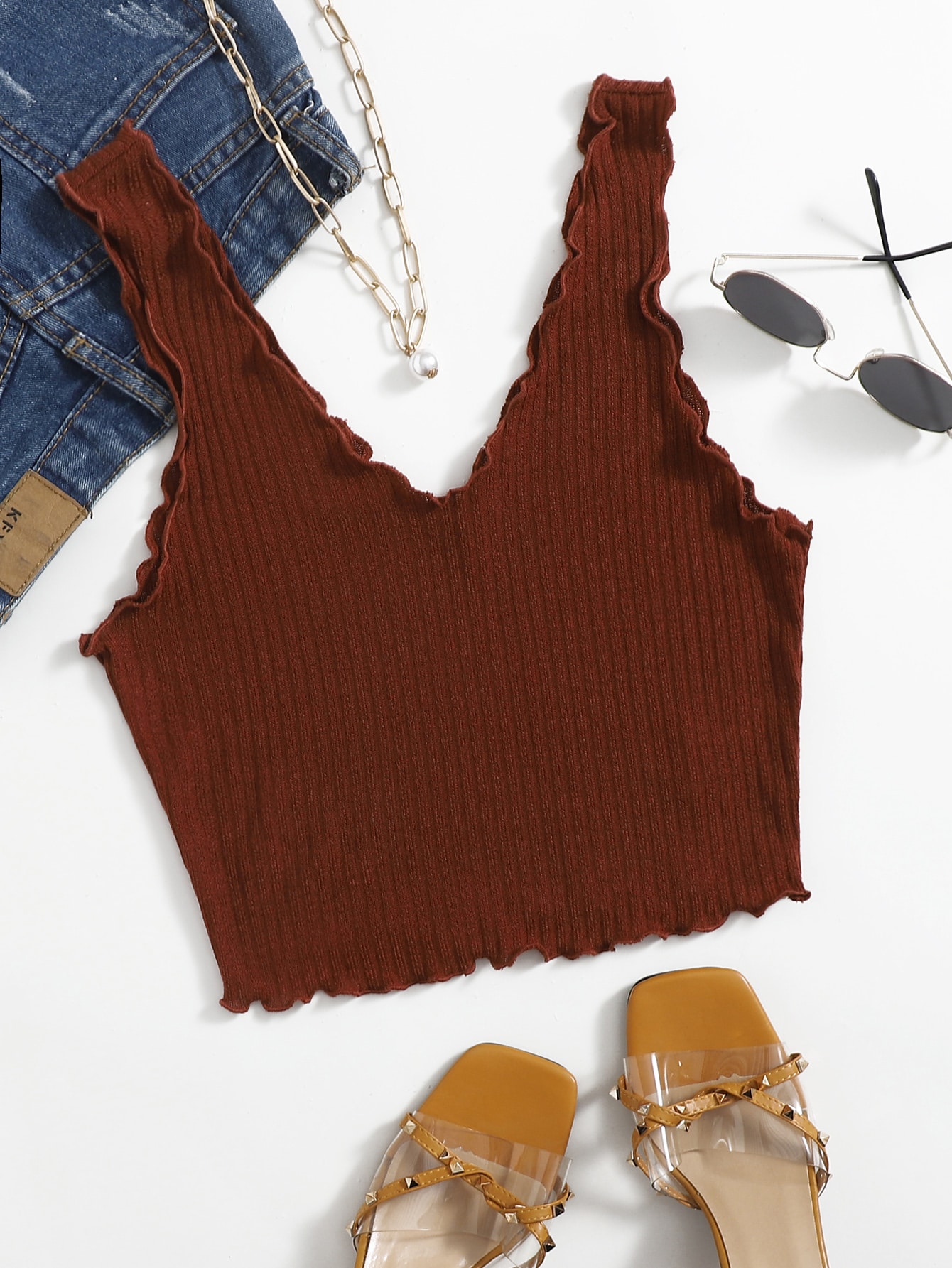 Solid Rib Knit Lettuce Trim Tank Top