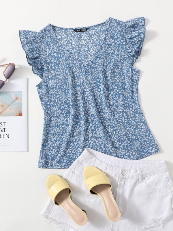 Shein Vcay Ruffle Trim Ditsy Floral Top Shein Usa