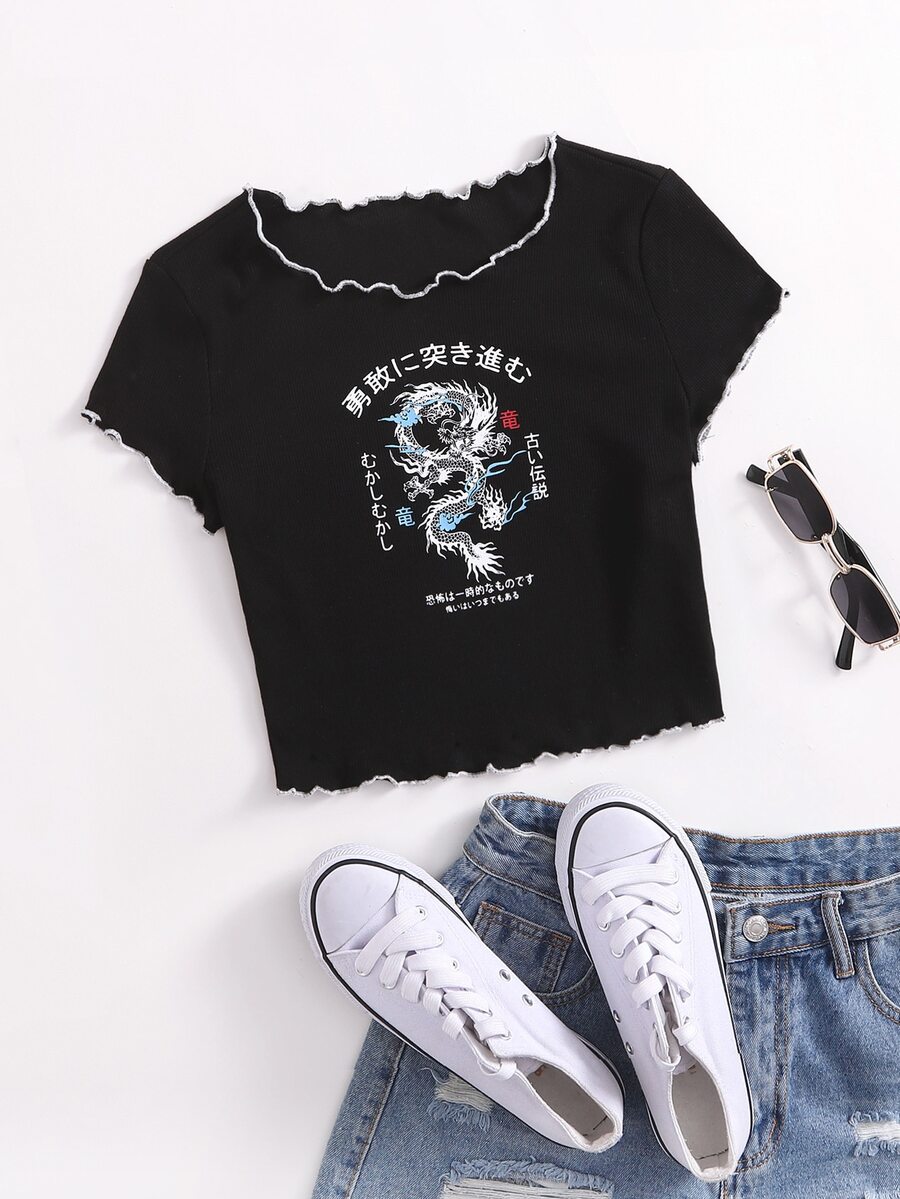 Shein Ezwear Chinese Dragon And Slogan Graphic Lettuce Trim Tee Shein Eur