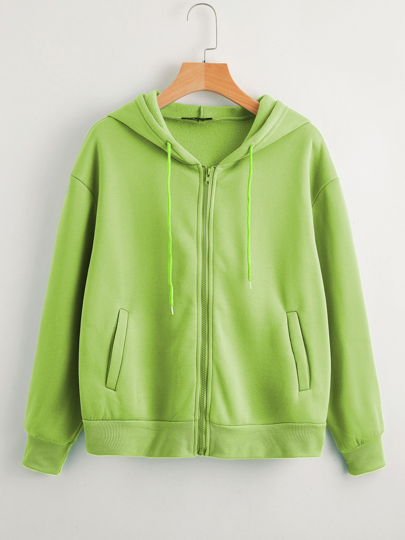 Drop Shoulder Zip Up Drawstring Hoodie