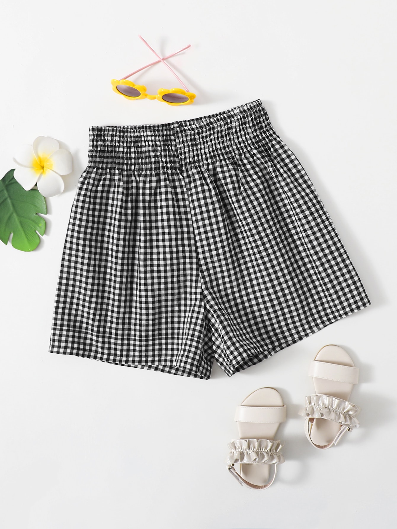 Teen Girls Shirred Waist Gingham Shorts