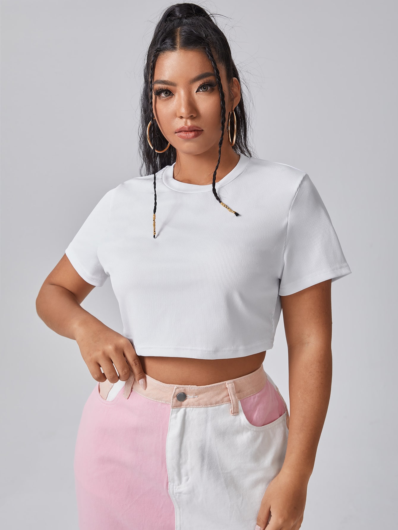 Plus Solid Crew Neck Crop Tee