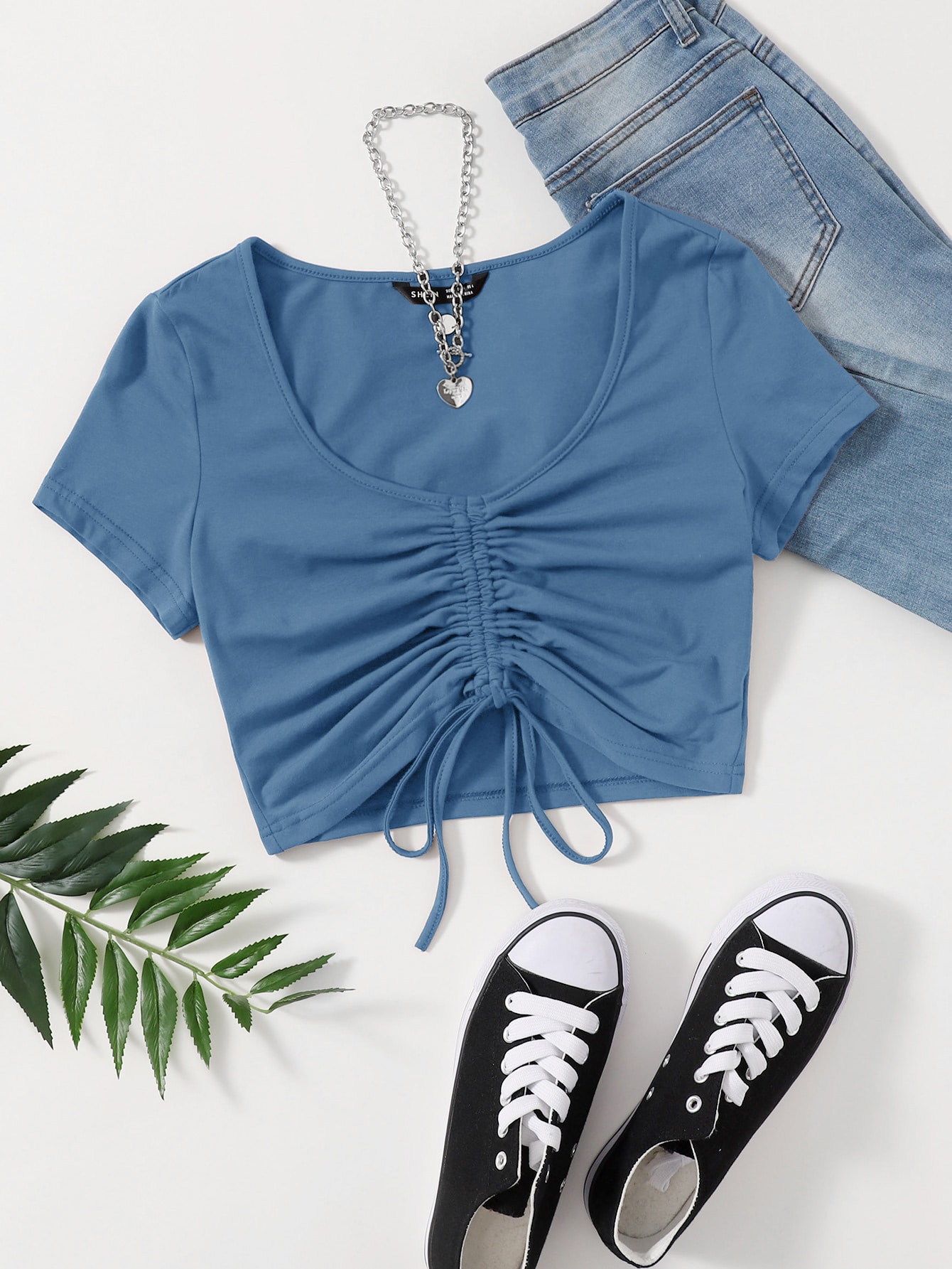 Solid Drawstring Ruched Tee