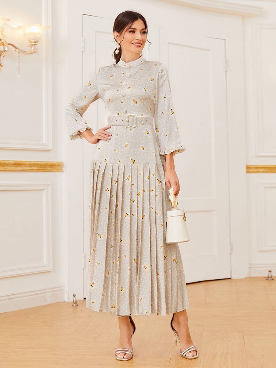 SHEIN Modely Polka Dot & Floral Print Flounce Sleeve Pleated Hem Buckle Belted Dress | SHEIN USA