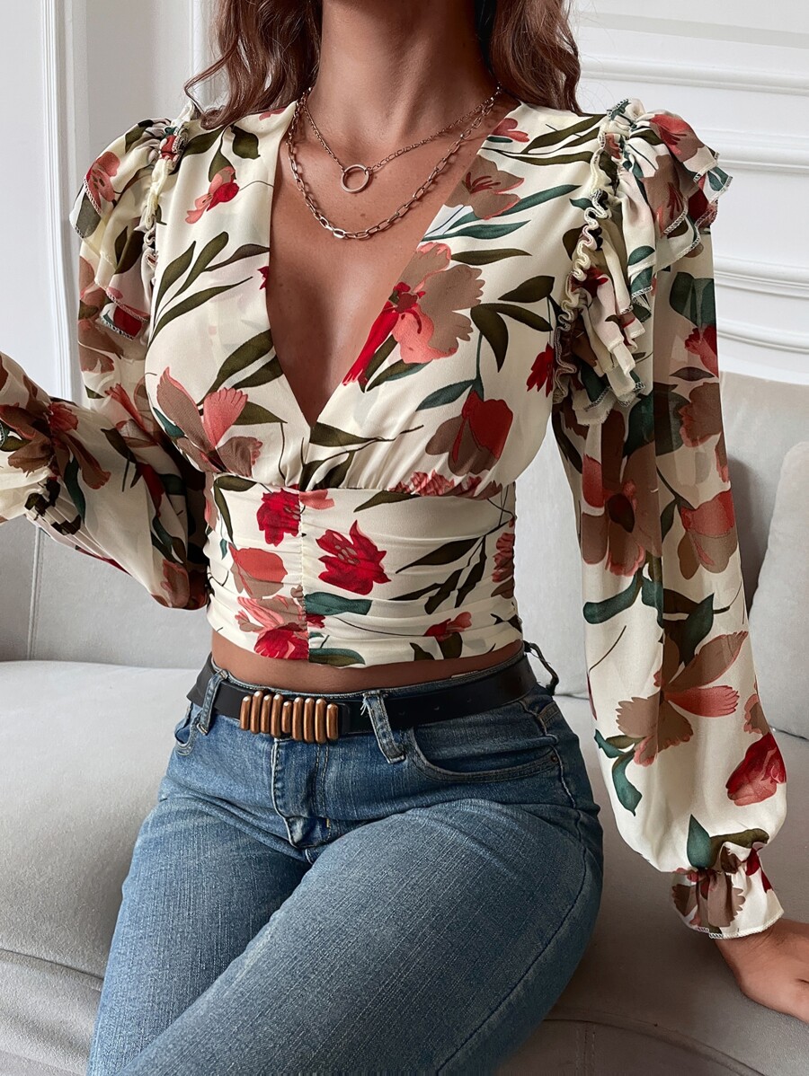 SHEIN Frenchy Plissado Floral Boho Blusa | SHEIN Brasil