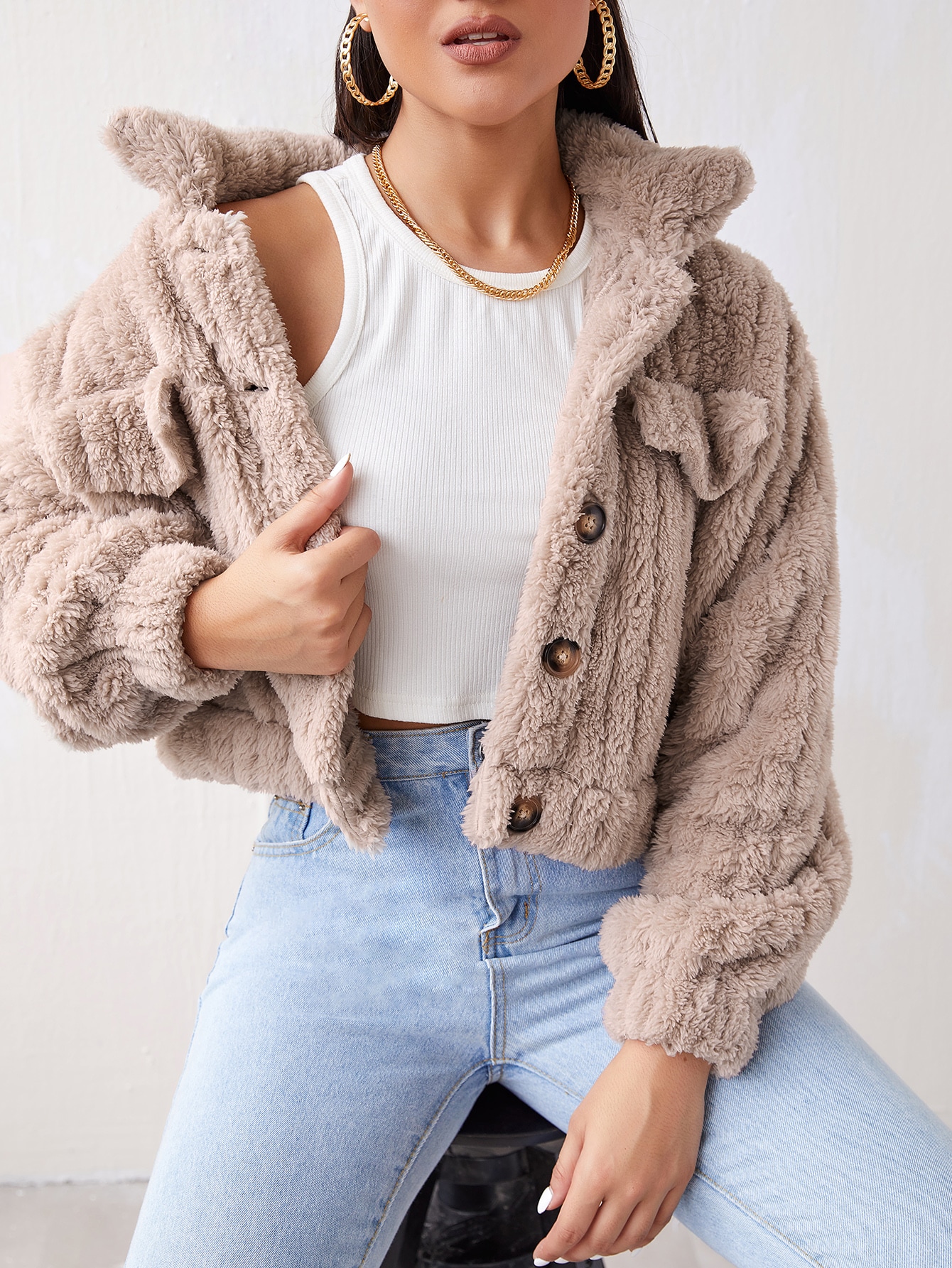 SHEIN Drop Shoulder Flap Detail Button Front Teddy Jacket