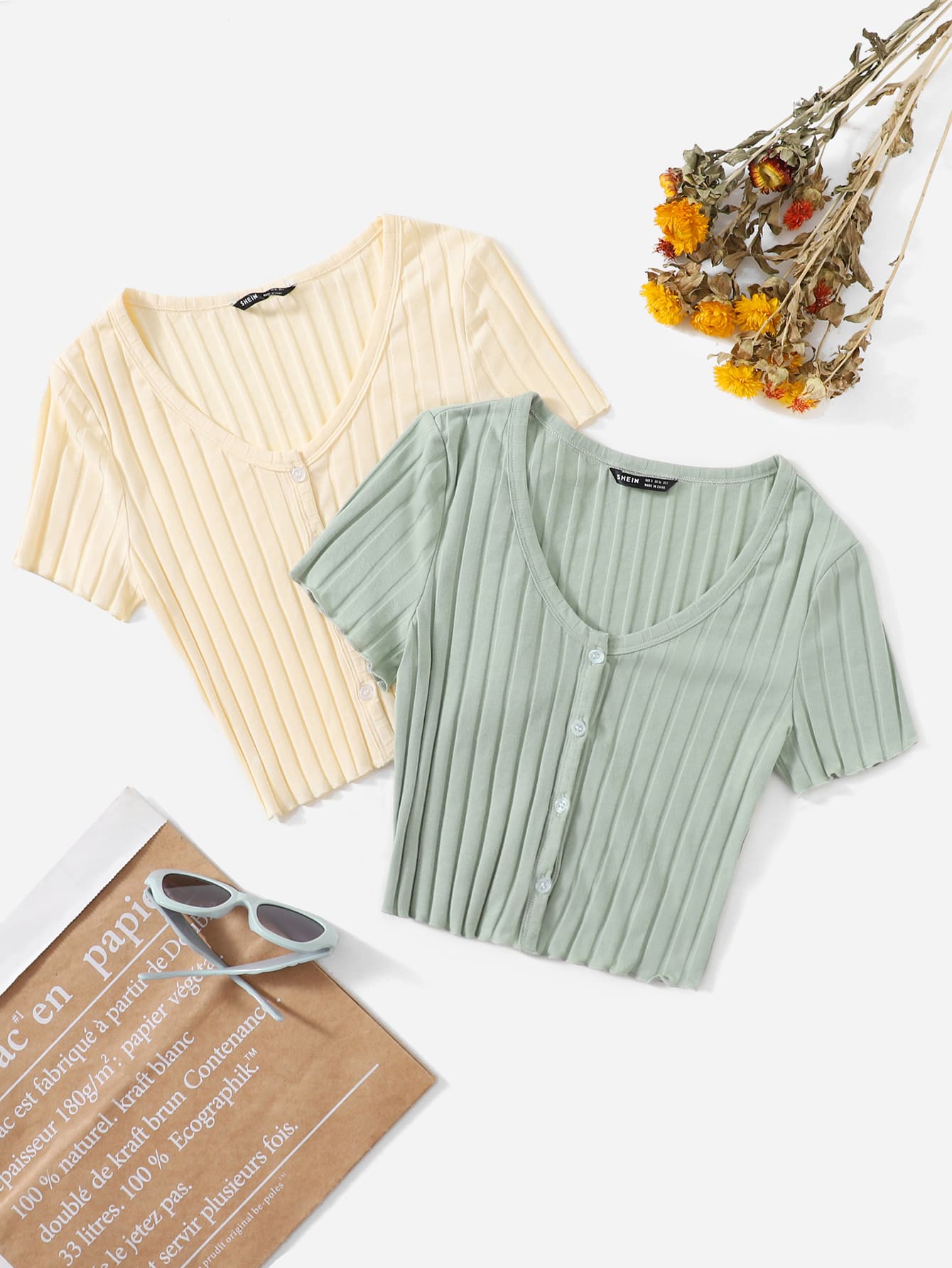 Shein 2 Piezas Camiseta Tejida De Canalé Ribete En Forma De Lechuga