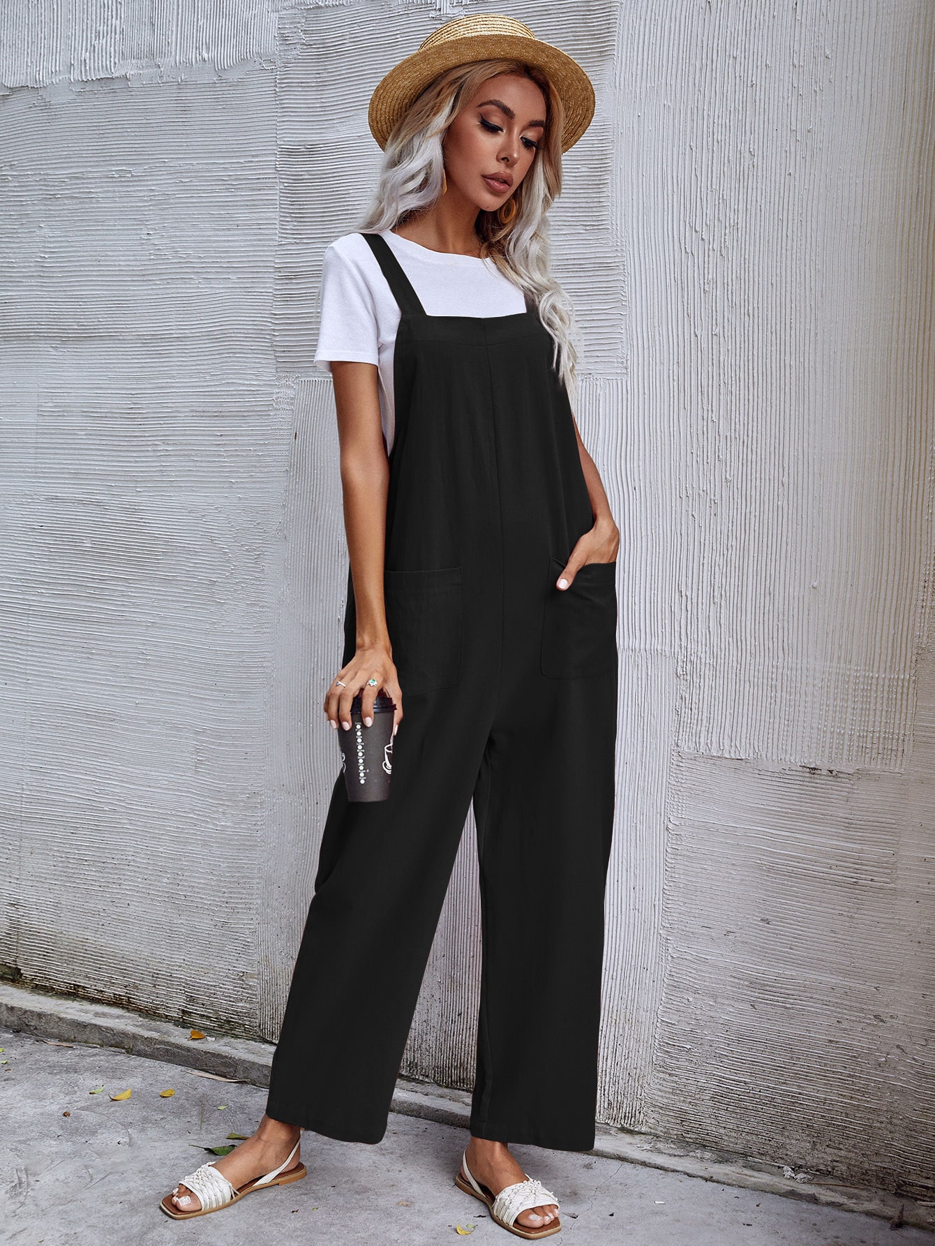 Dual Pocket Solid Overall Jumpsuit Without Tee