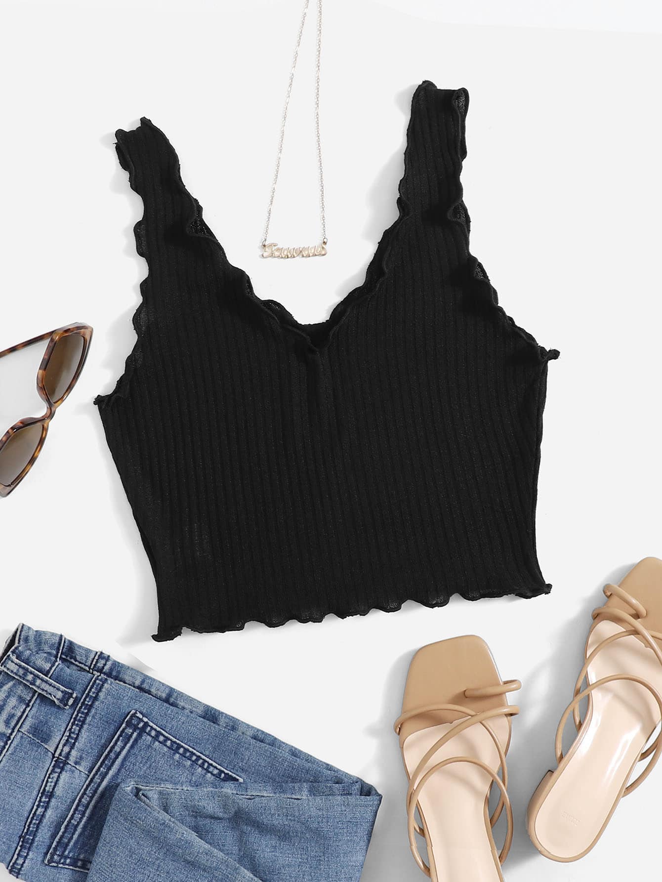 Shein Solid Rib Knit Lettuce Trim Tank Top