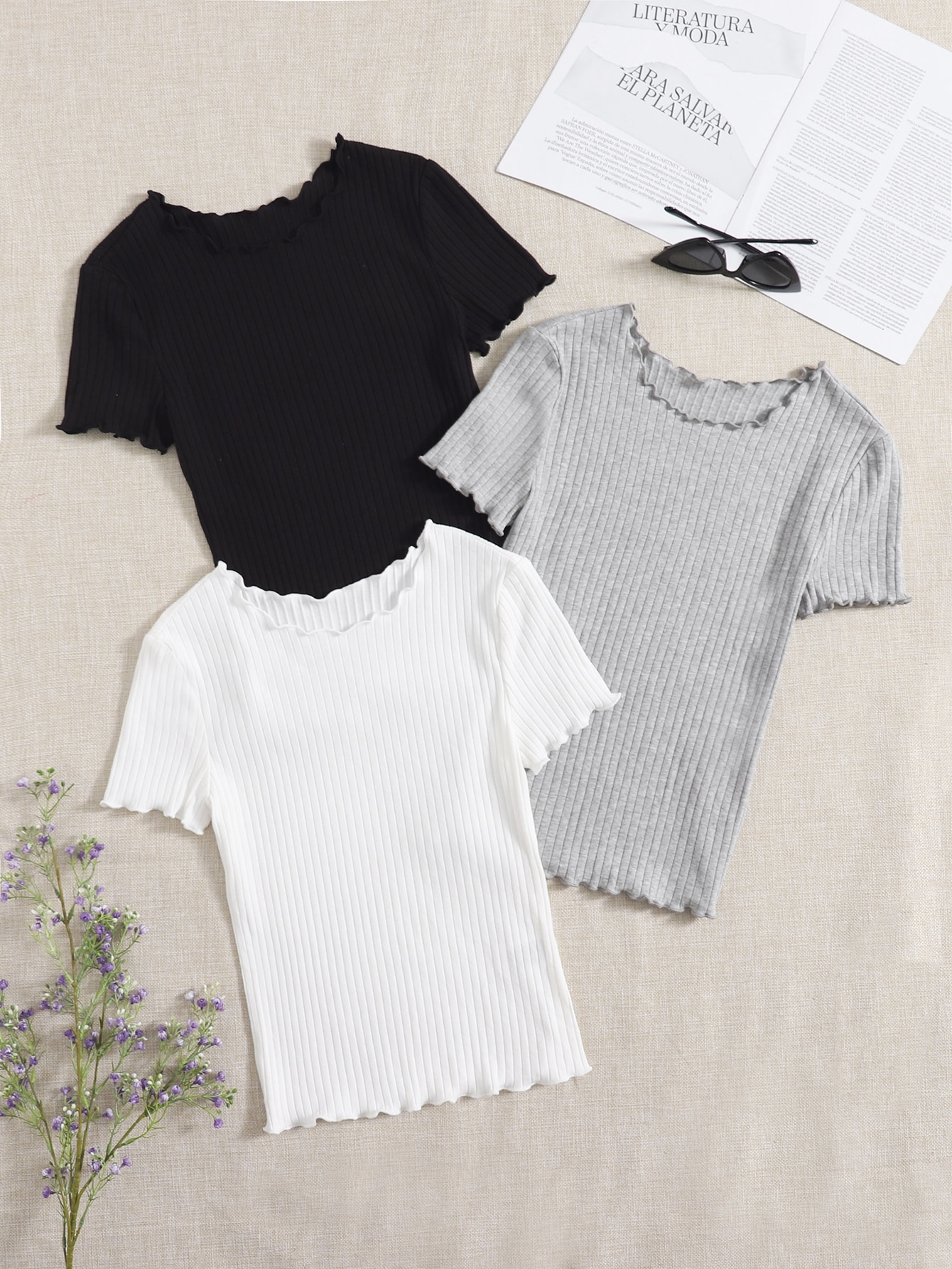 3 Piezas Camiseta Ribete En Forma De Lechuga Tejido De Canalé