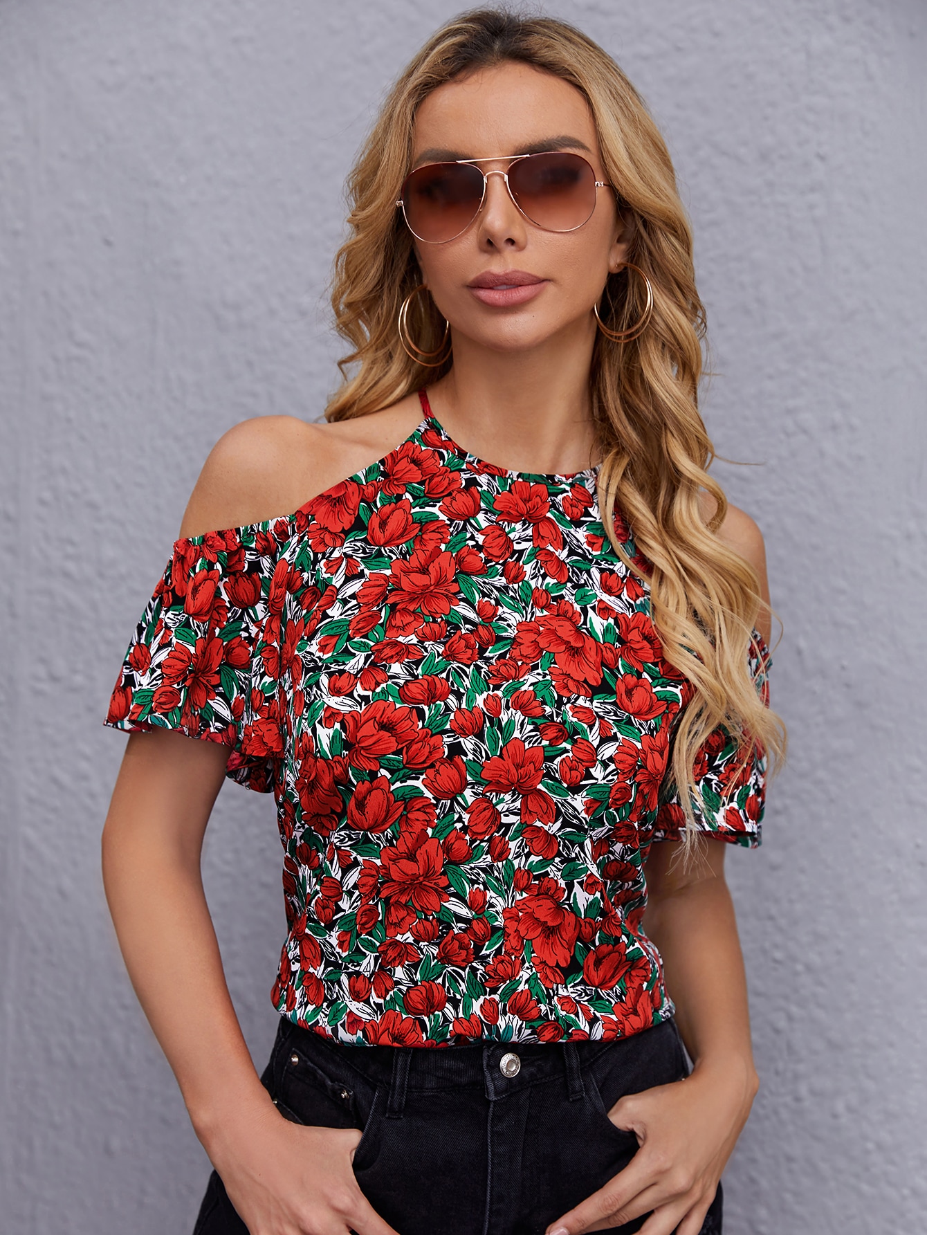 SHEIN Blusa de hombros descubiertos con estampado floral de espalda con abertura de ojo