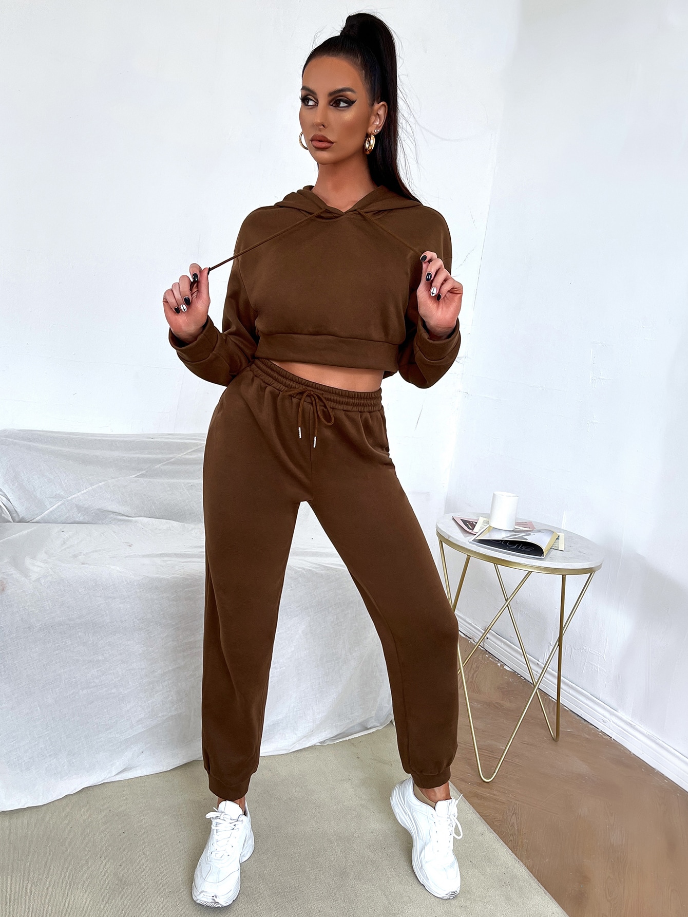 Drop Shoulder Drawstring Crop Hoodie & Sweatpants