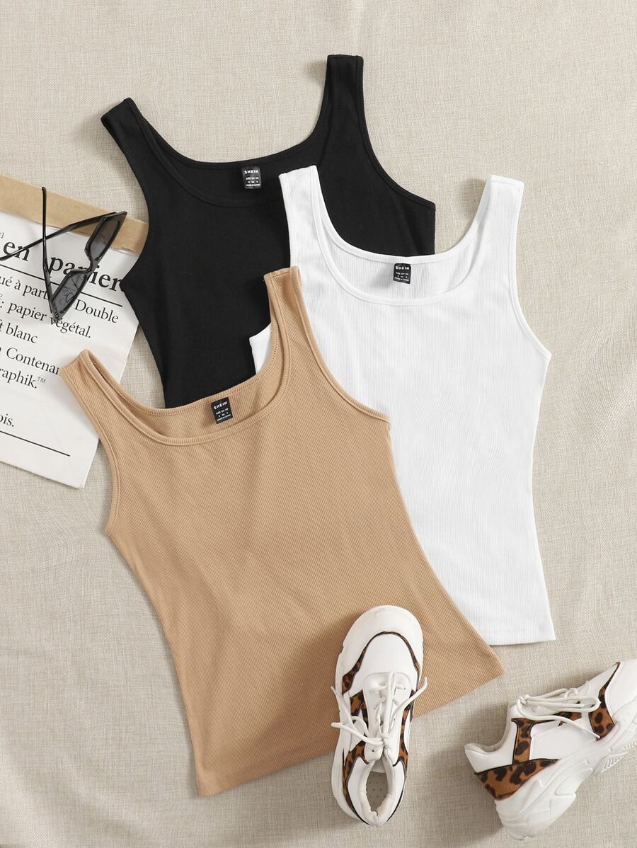 Shein Ezwear 3 Piezas Top Tank Tejido De Canalé Moda De Mujer Shein