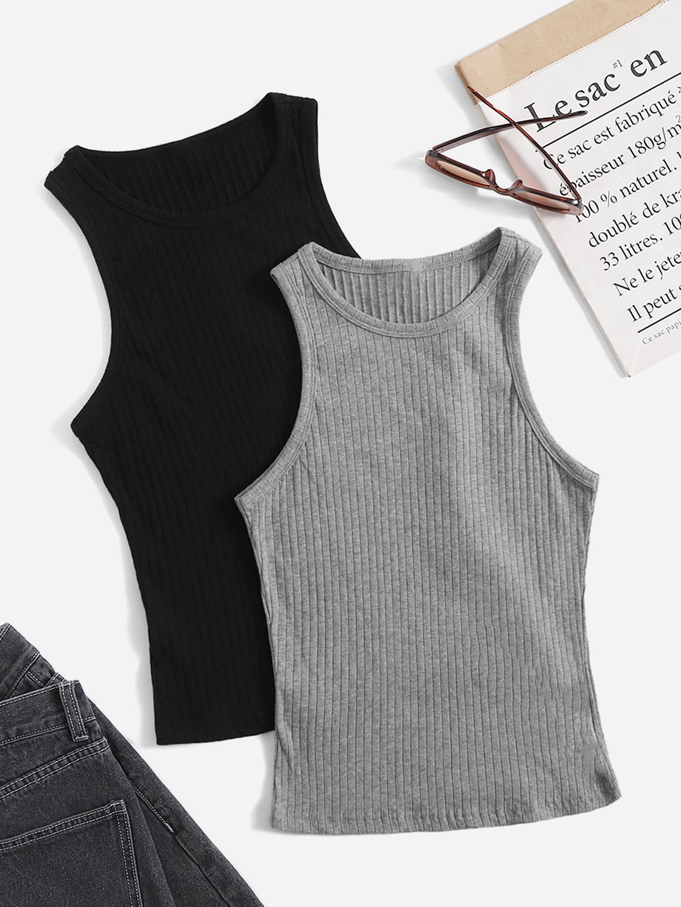 Shein 2 Piezas Top Tank Tejido De Canalé