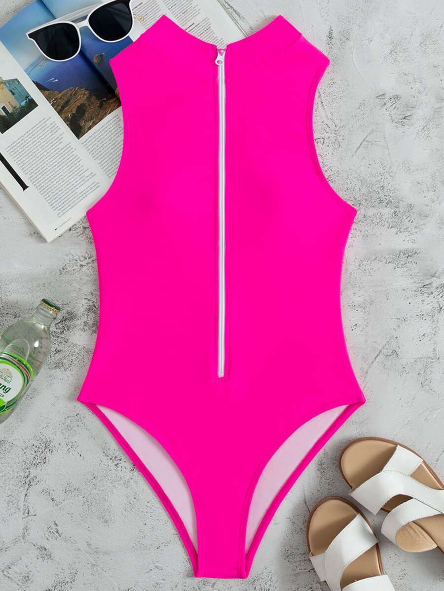 Shein Swim Sprty Solid Zip Front One Piece Swimsuit Shein Uk