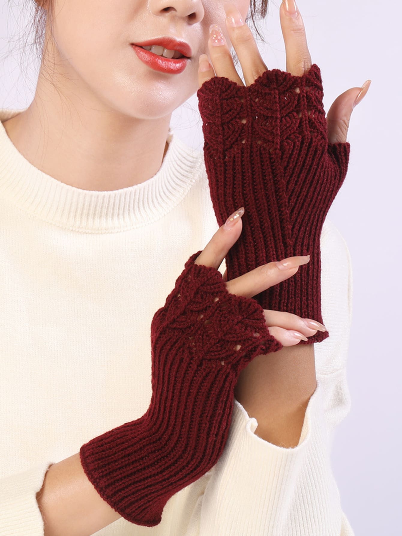 Solid Open Finger Knit Gloves