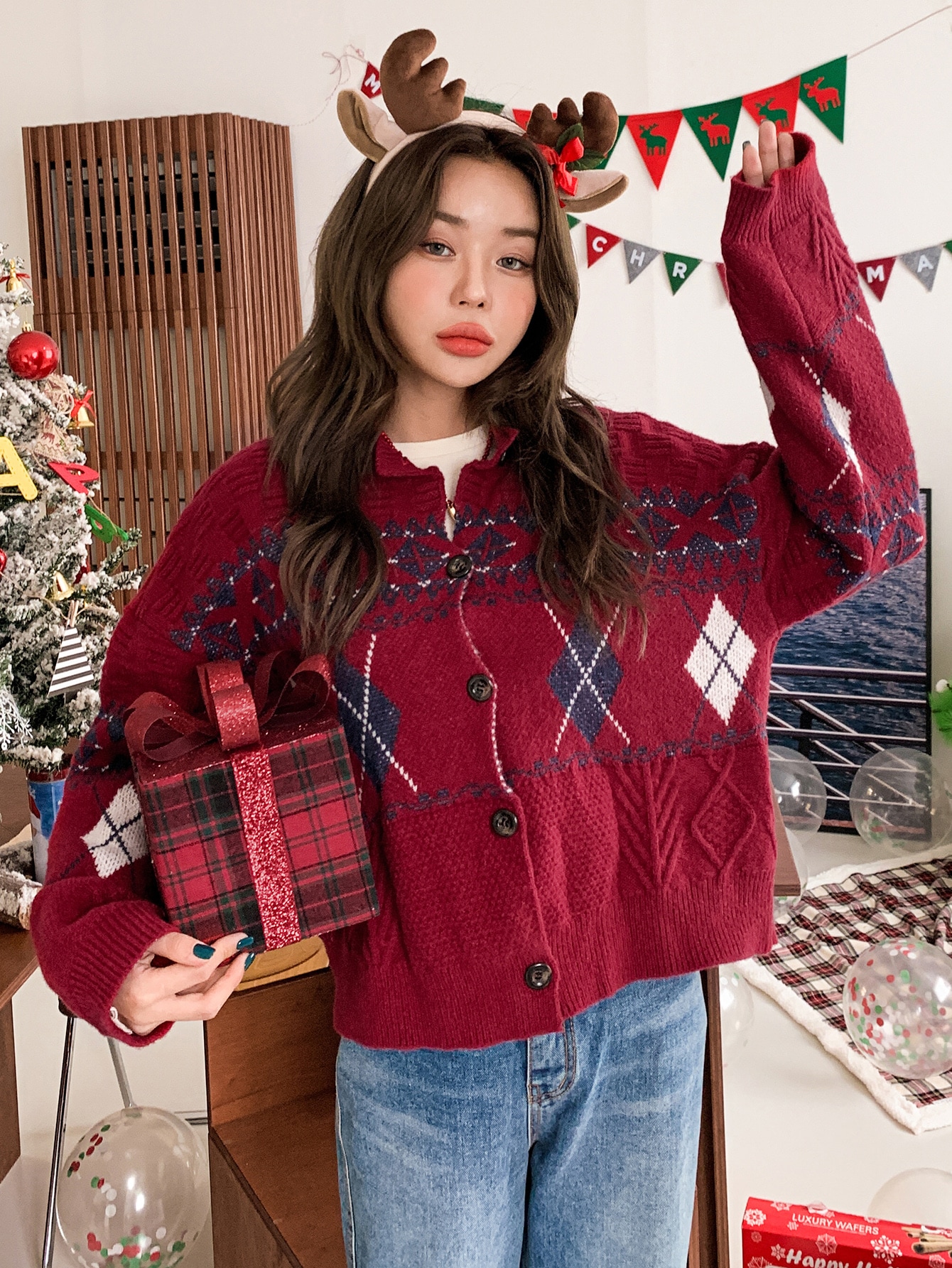 Dazy Geo Pattern Drop Shoulder Cardigan