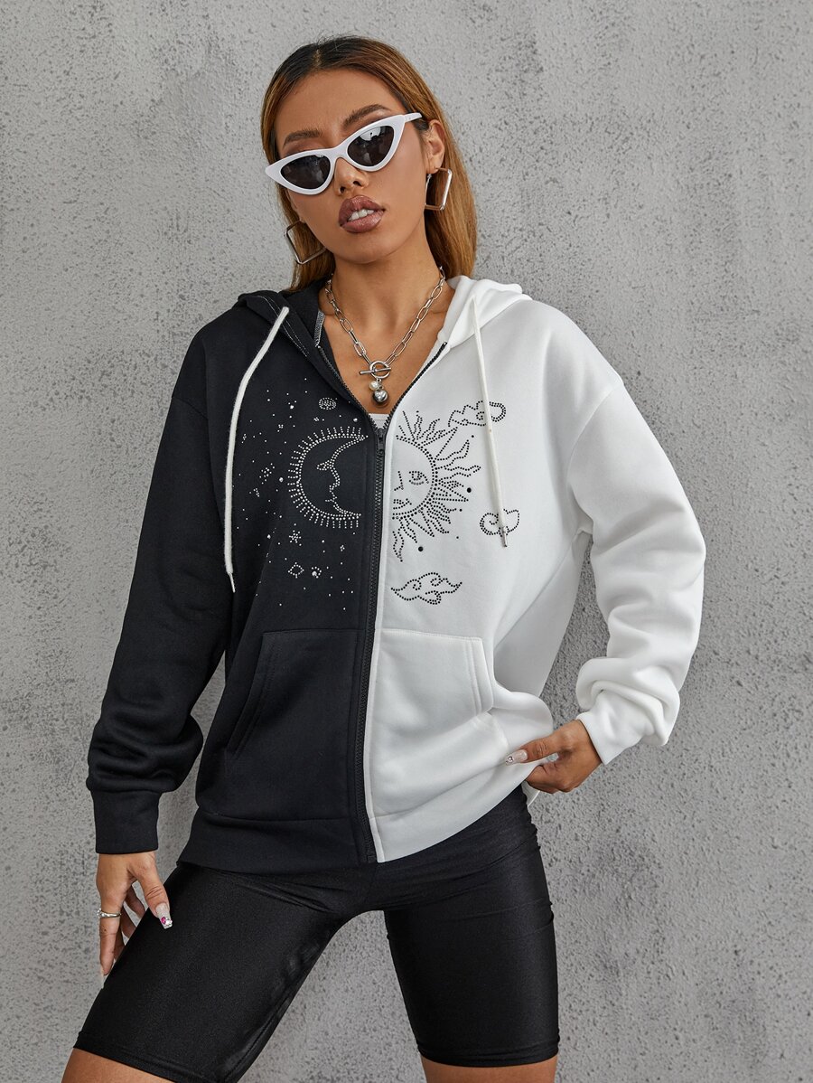 Graphic Print Two Tone Zip Up Hoodie | SHEIN USA