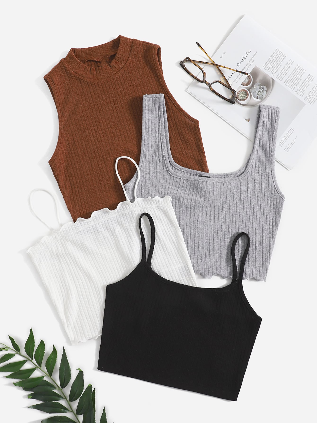 Shein 2 Piezas Top Tank Tejido De Canalé And 2 Piezas Top De Tirantes