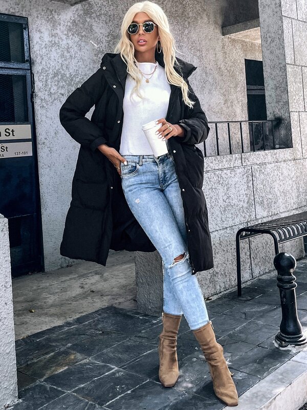 Solid Zip Up Snap Button Pocket Front Hooded Down Coat | SHEIN USA