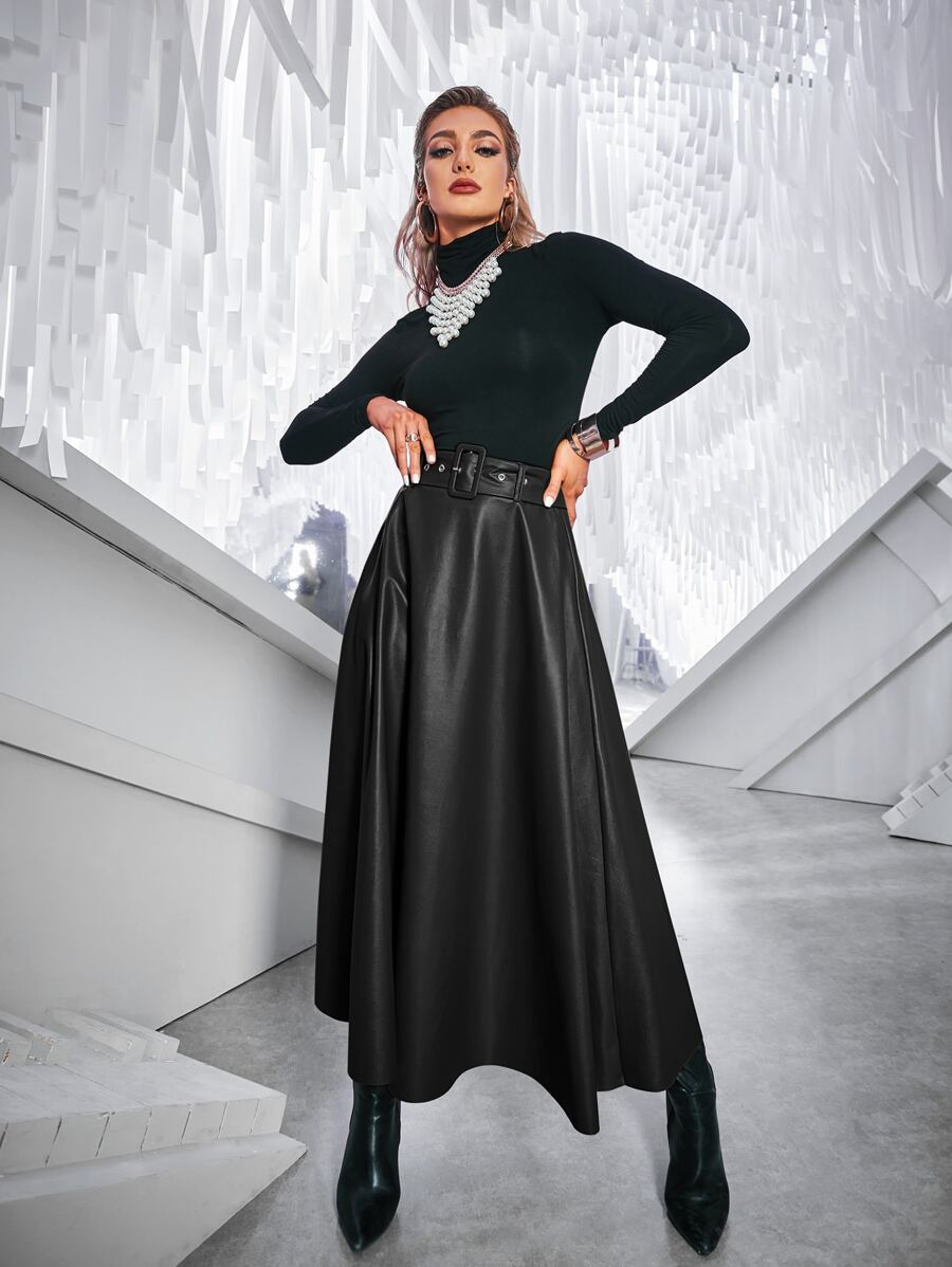 SHEIN Unity Solid Belted PU Leather Flared Skirt | SHEIN USA
