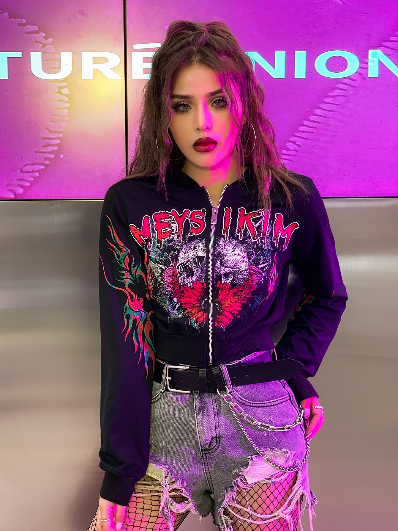 MEYSI KIM Letter Skull Print Zipper Hooded Sweatshirt