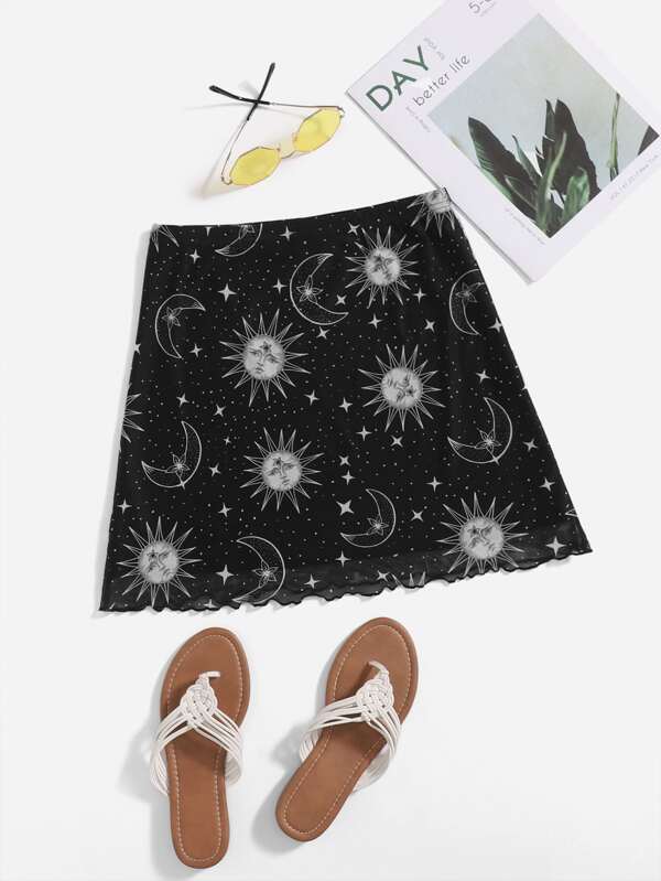 Shein Ezwear Falda Con Estampado De Sol Y Luna Ribete En Forma De