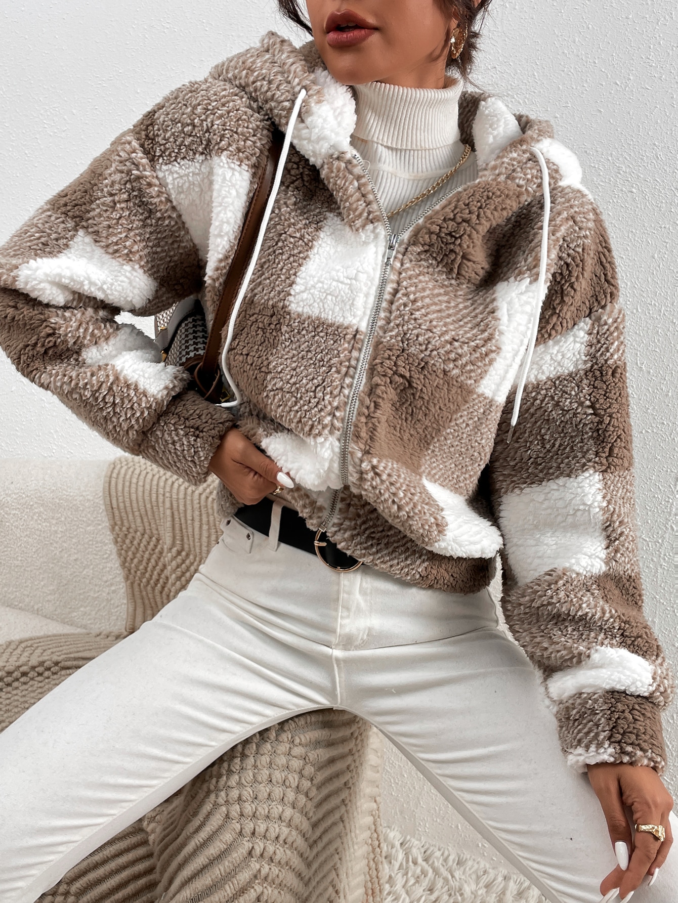 Gingham Drawstring Zip-up Hooded Teddy Jacket