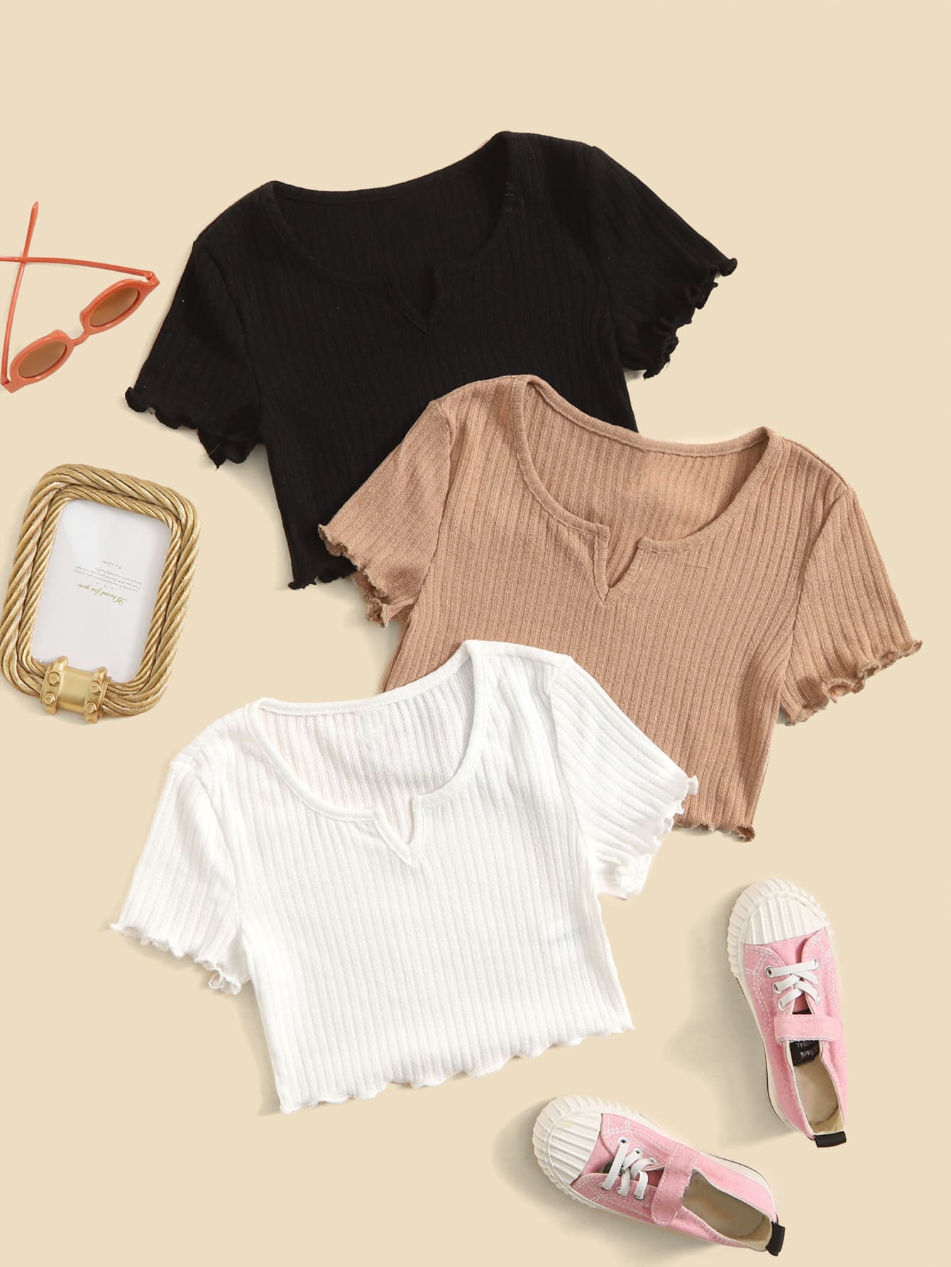 Shein Guarnição De Alface Malhado Simples Ocasional Camiseta And Tanque
