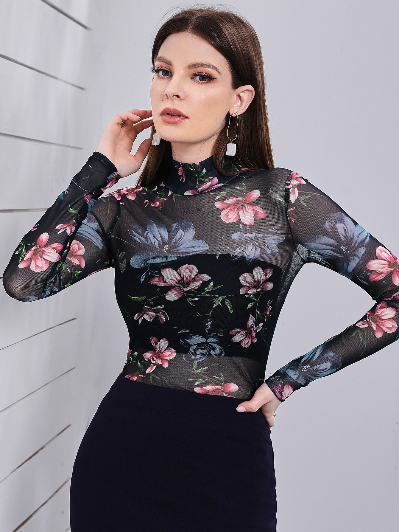 Shein Mock Neck Floral Mesh Top Without Bandeau