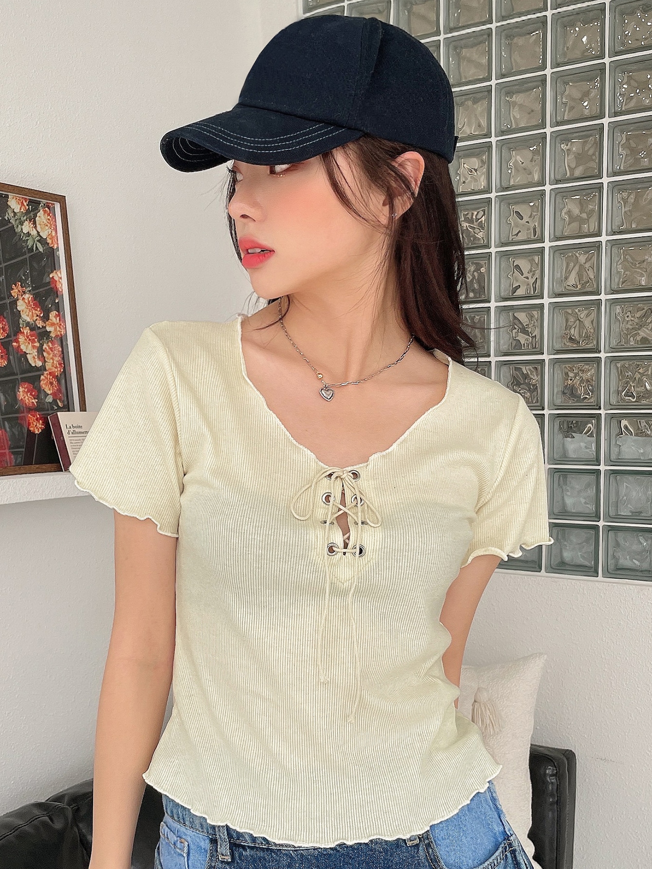 Dazy Grommet Lace Up Rib Knit Lettuce Trim Tee