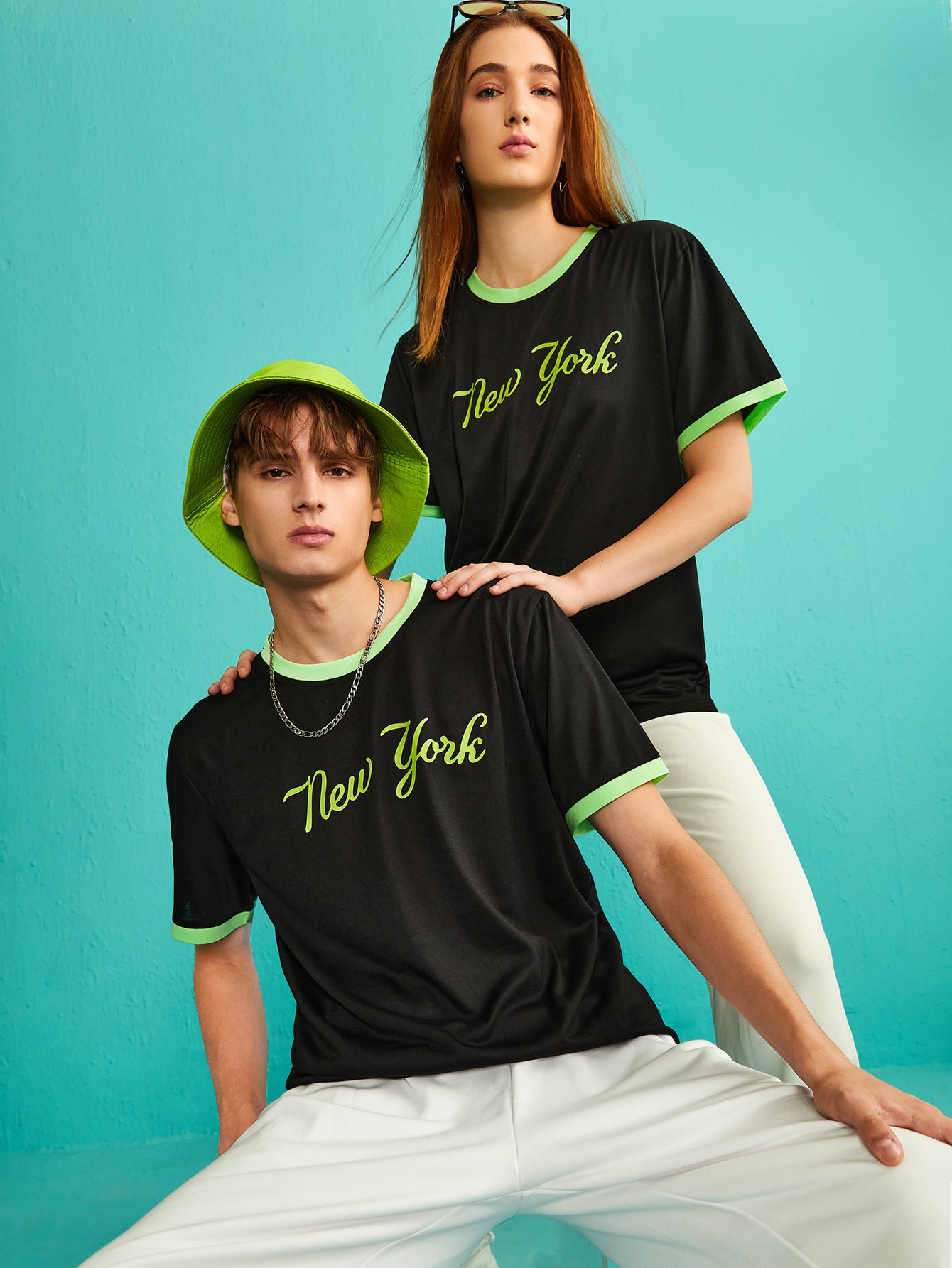 Shein Unisex 1pc Letter Graphic Contrast Trim Tee