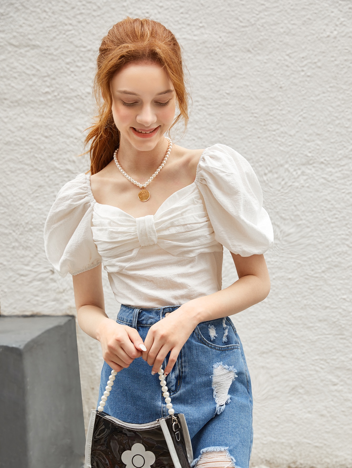 Shein Chicas Adolescentes Blusa Con Lazo Delantero De Manga Farol