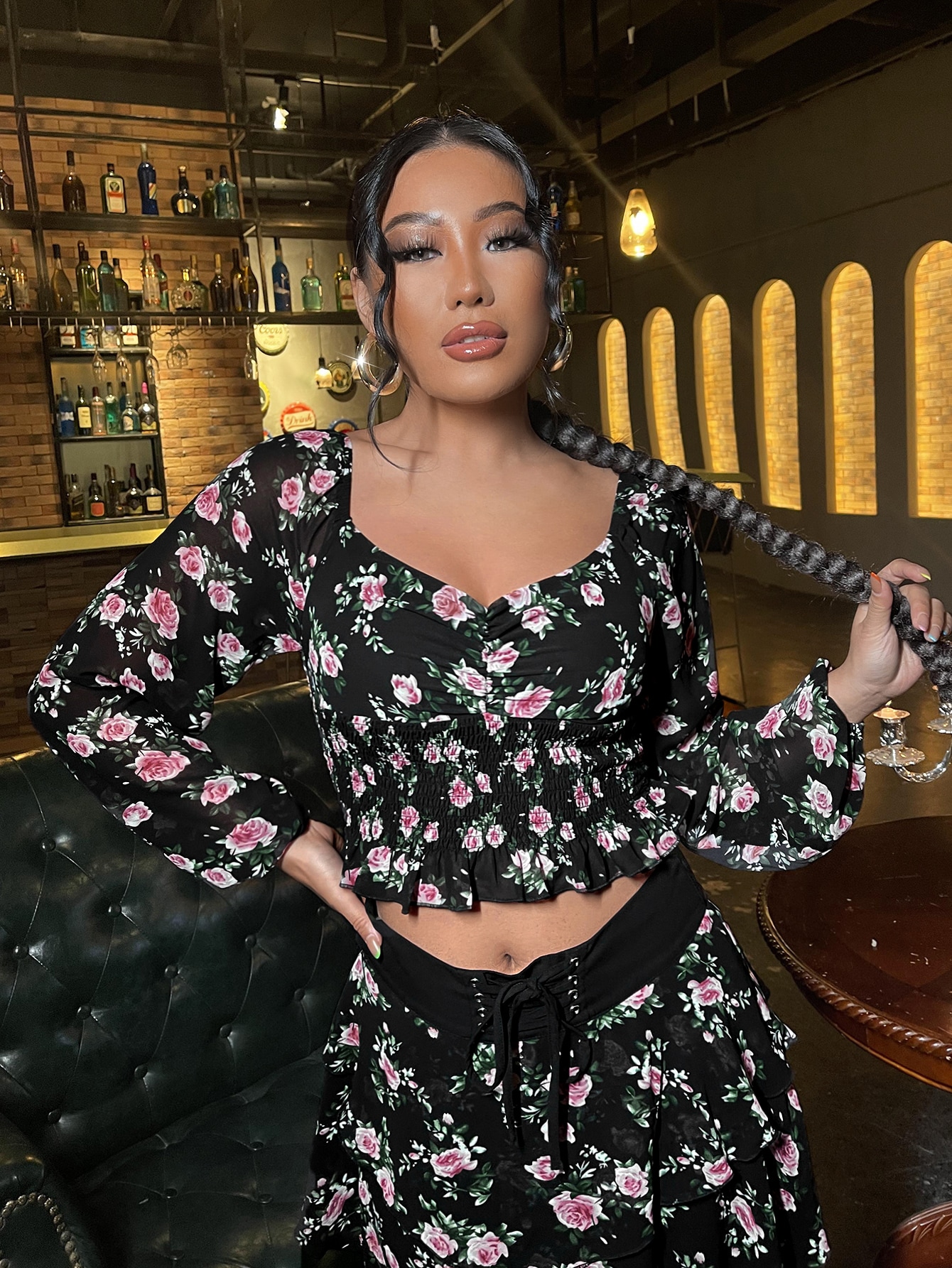 Shein Sxy Blusa Con Estampado Floral De Manga Farol Fruncido Con